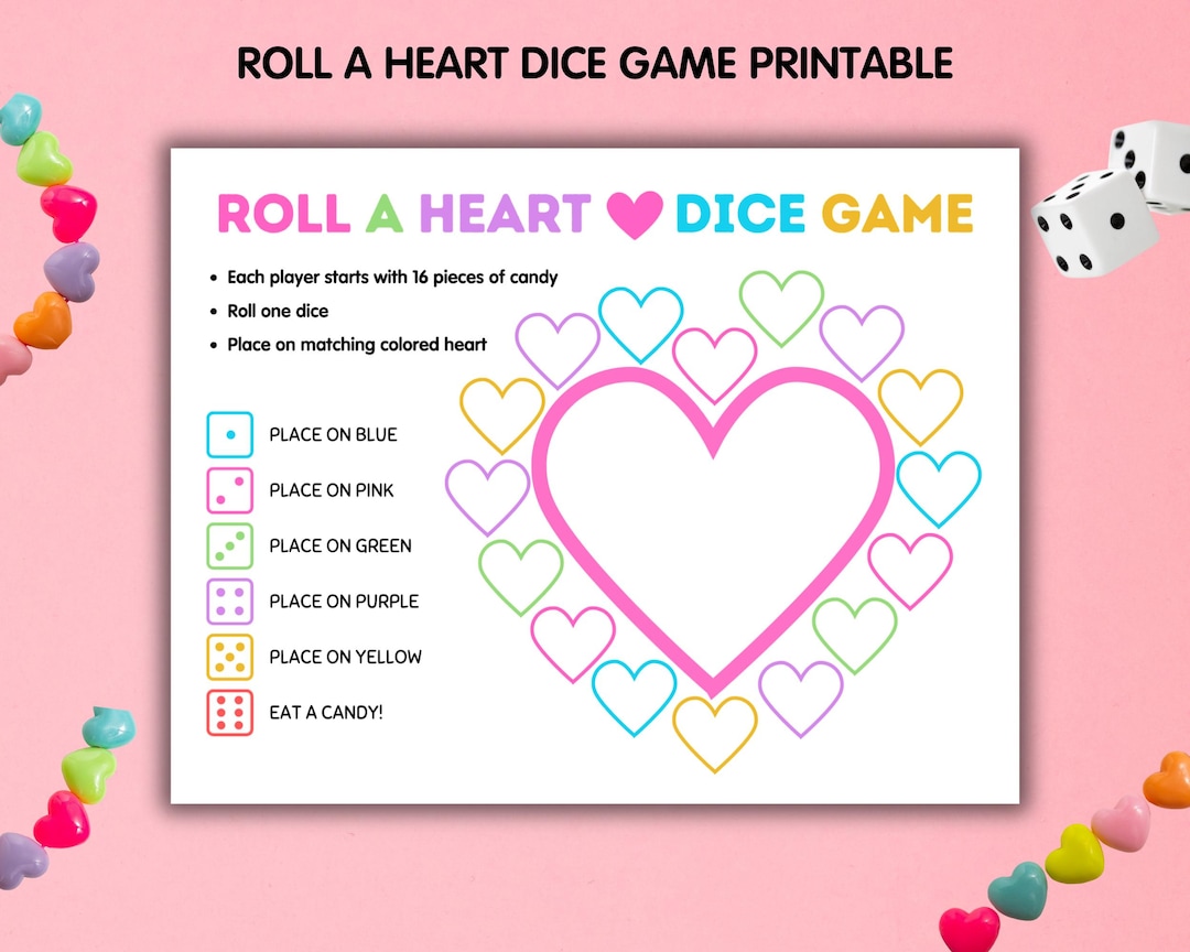 Valentines Roll a Heart Game, Valentines Party Game, Valentines Candy ...