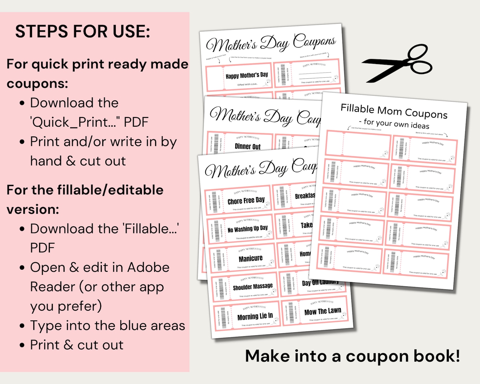 Editable Mothers Day Coupons Printable, Mom Coupon Book Template ...