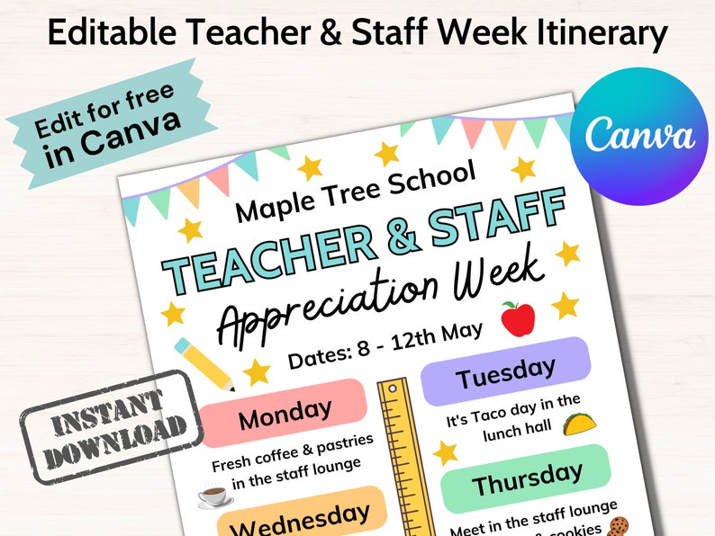 Editable Teacher Appreciation Week Flyer, Thank You Teacher Itinerary ...
