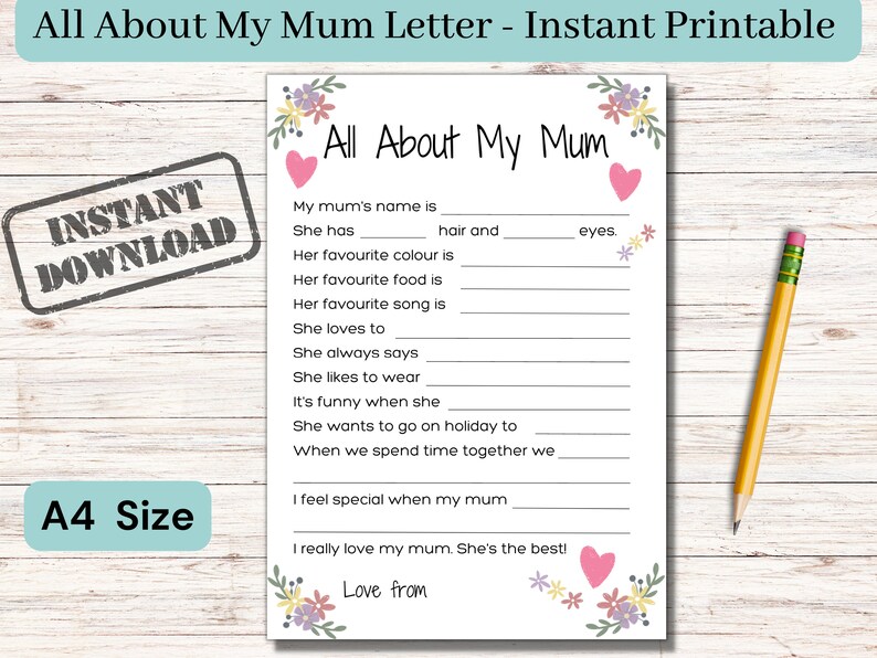All About My Mum Printable All About Mum Gift Letter for Mum Gift for ...