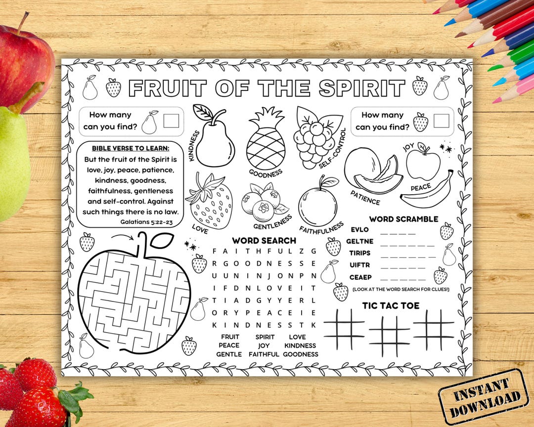 Fruit of the Spirit Activity Placemat, Sunday School Coloring Printable ...