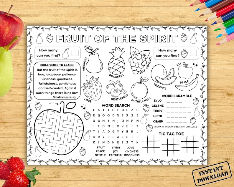 Fruit of the Spirit Activity Placemat, Sunday School Coloring Printable ...