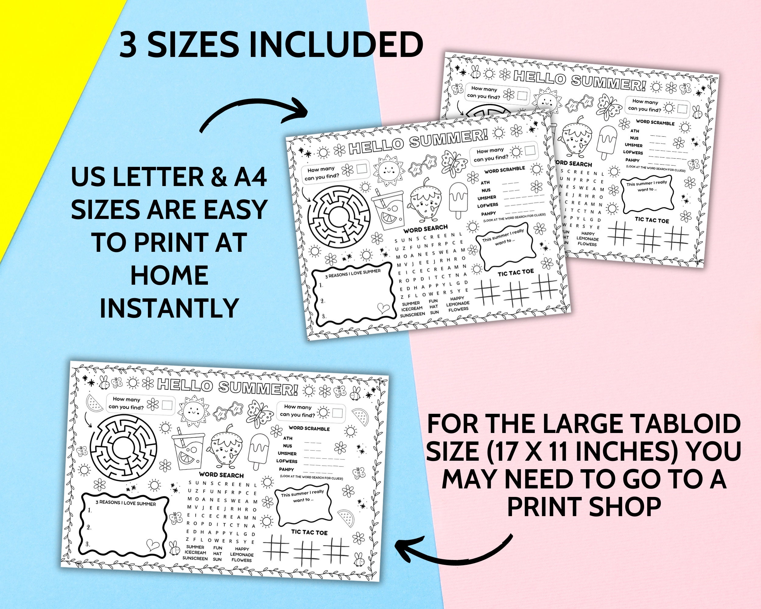 Summer Games Activity Placemat Printable, Summer Party Craft Coloring ...