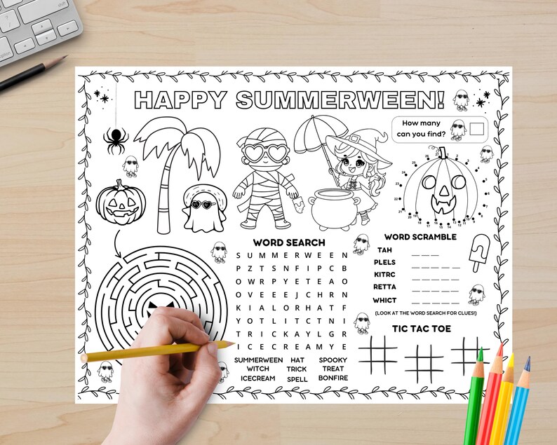 Summerween Activity Mat Printable, Summer Halloween Coloring Sheet ...