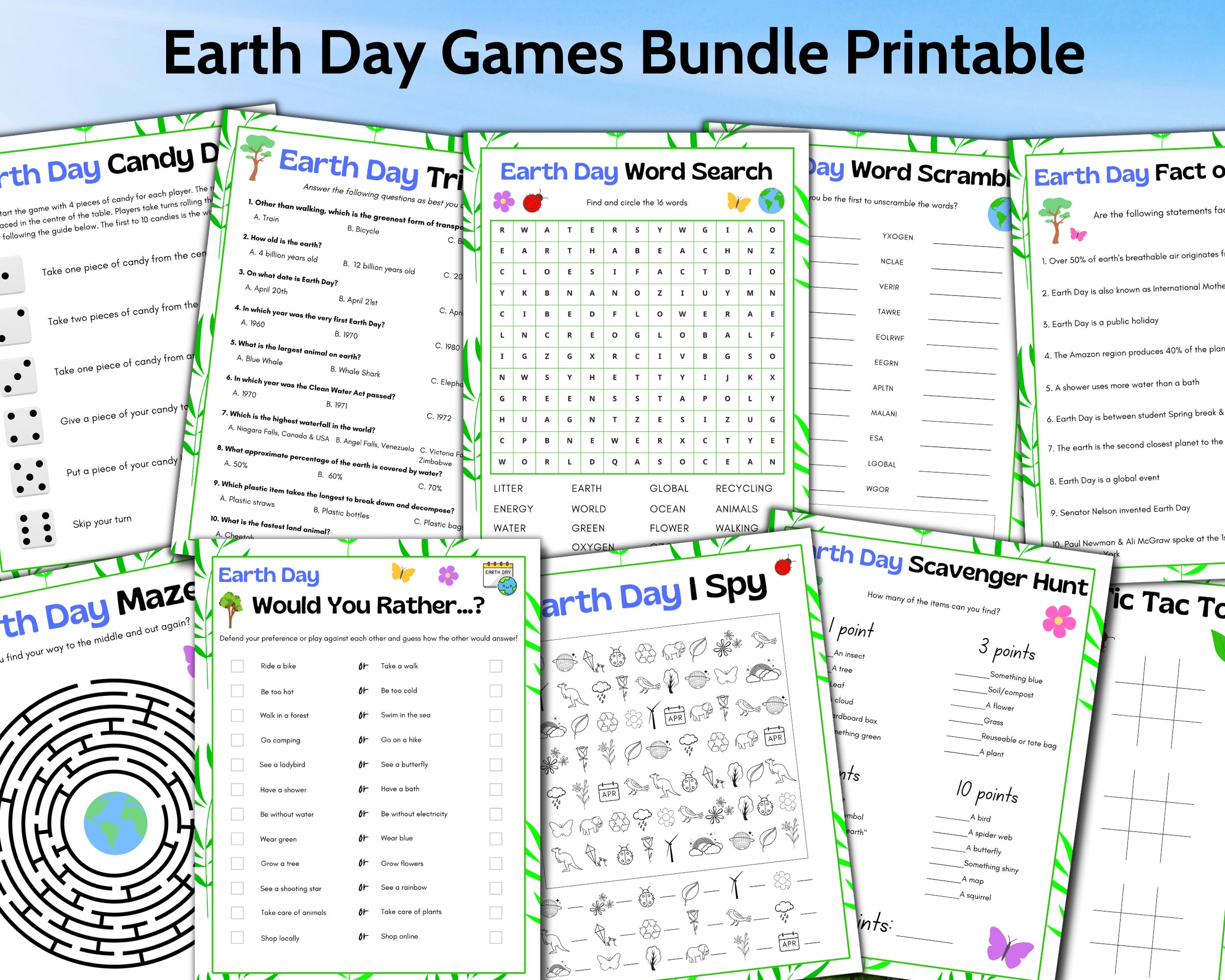 Earth Day Games Bundle Printable, Environmental Nature Theme Activities ...