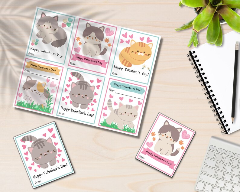 Kids Classroom Valentines Day Cards, Cat Valentines Cards for Class ...