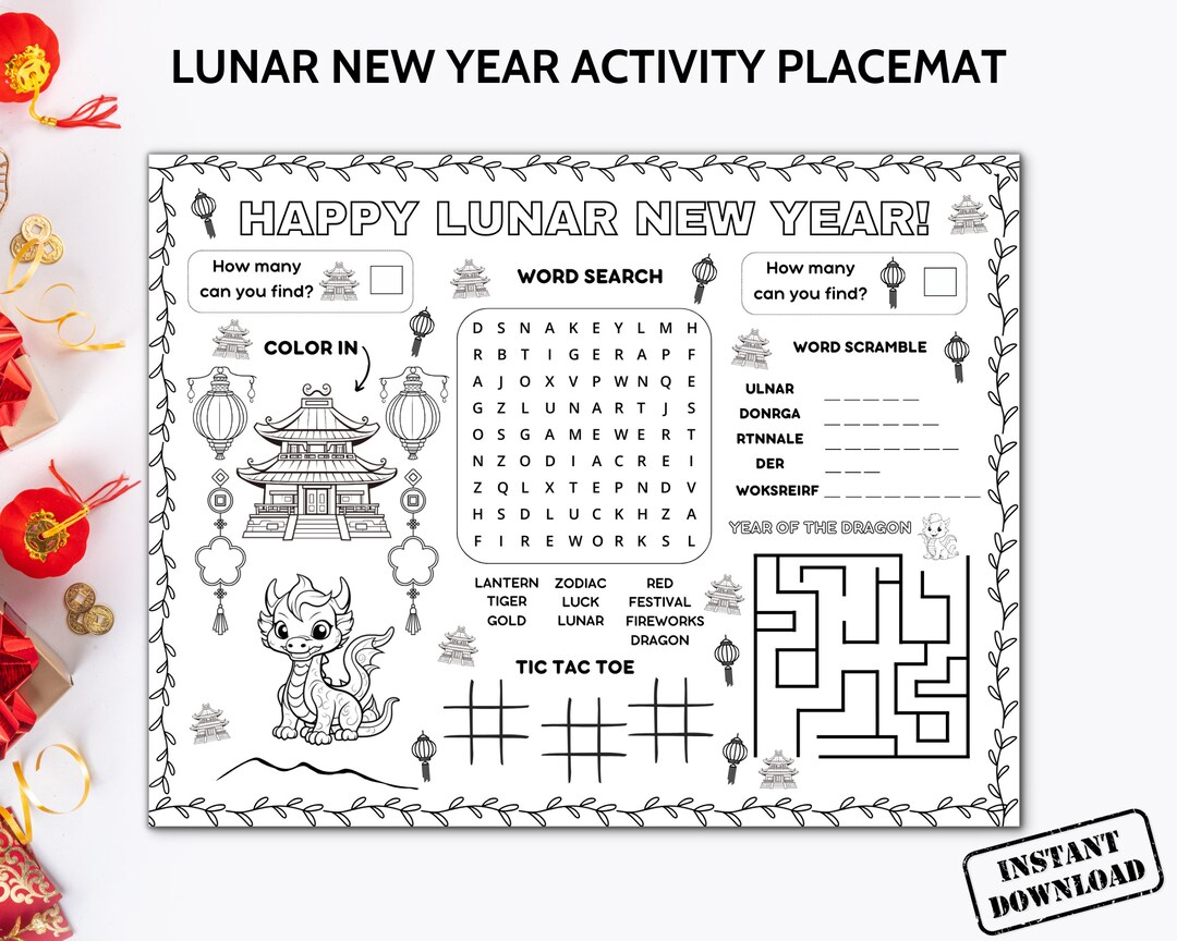 Lunar New Year Activity Placemat Printable, Year of the Dragon 2024 ...