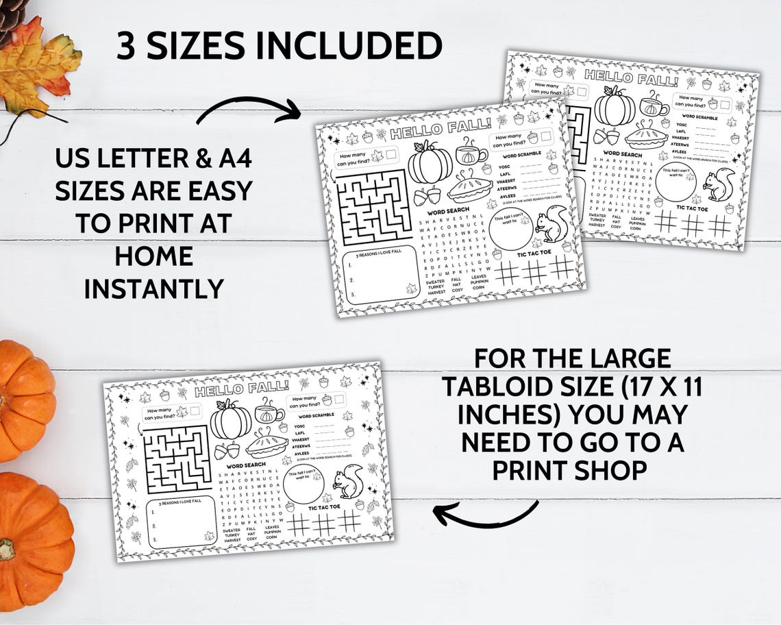 Fall Activity Placemat Printable, Fall Games for Kids, Fall Coloring ...