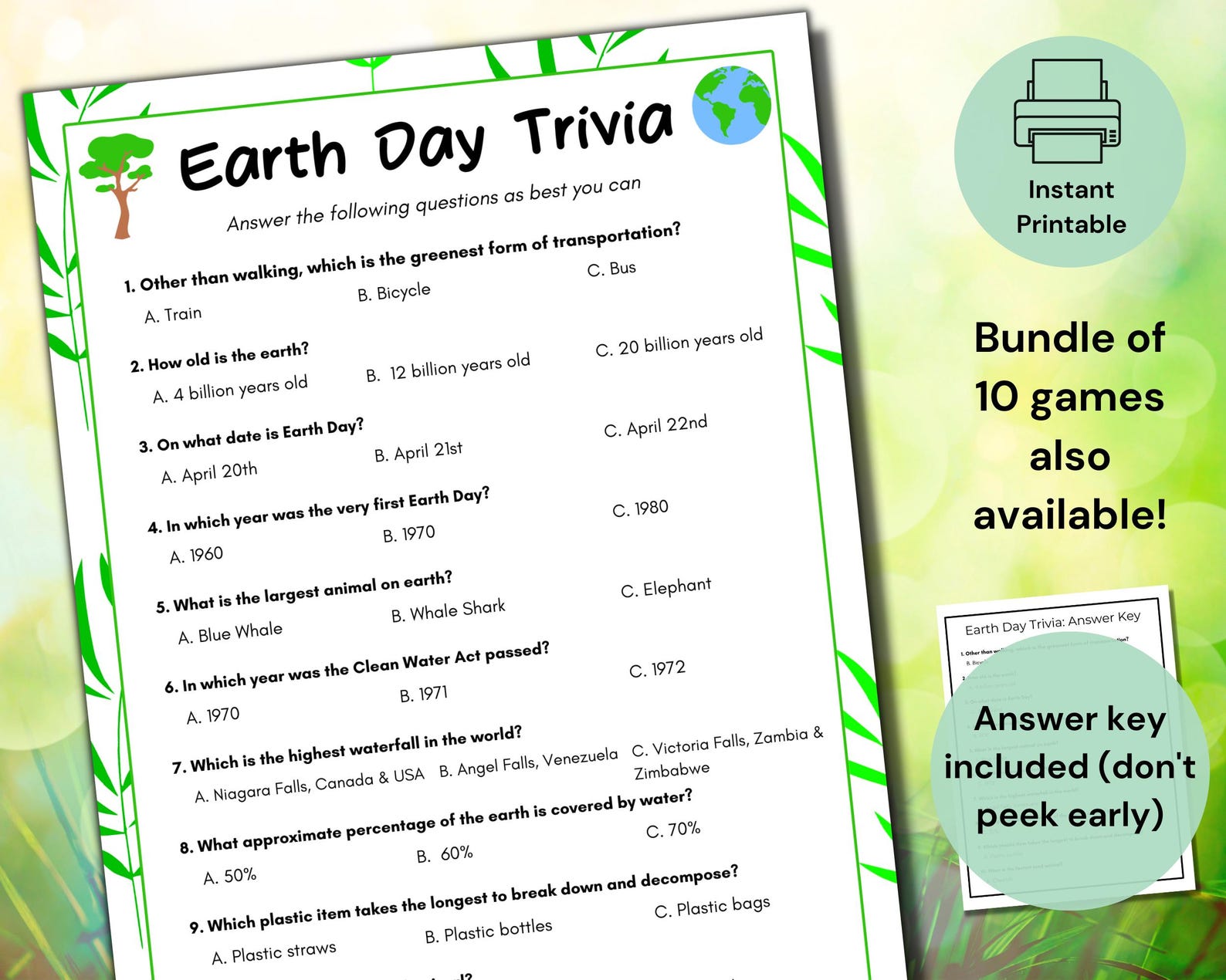 Earth Day Trivia Printable, Happy Earth Day Quiz Activity ...