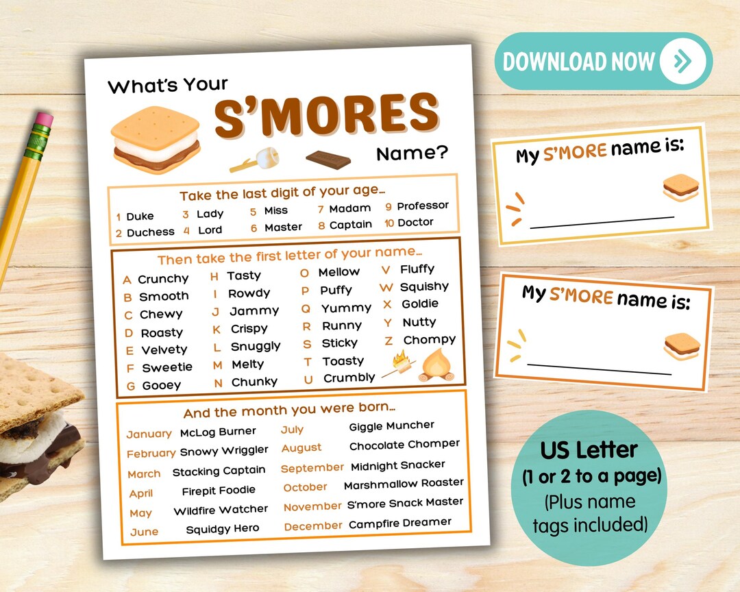 What's Your S'mores Name Game, Camping Trip Printable, Kids Birthday ...