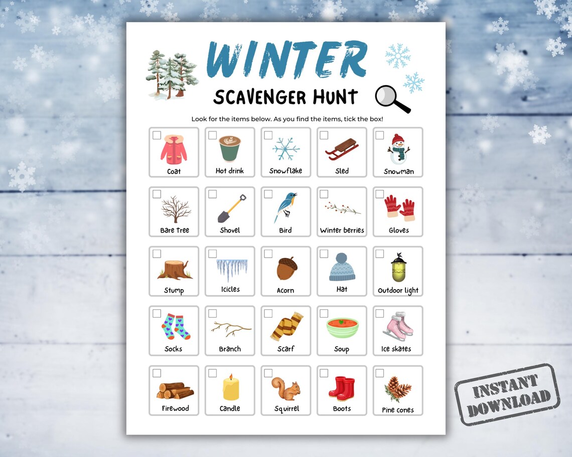 Winter Scavenger Hunt, Kids Winter Games Printable, Outdoor Treasure ...