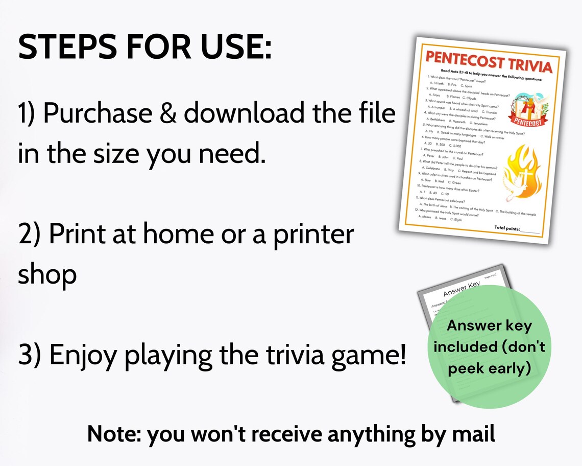 Pentecost Trivia Game Quiz, Printable Bible Lesson Activity for Kids ...