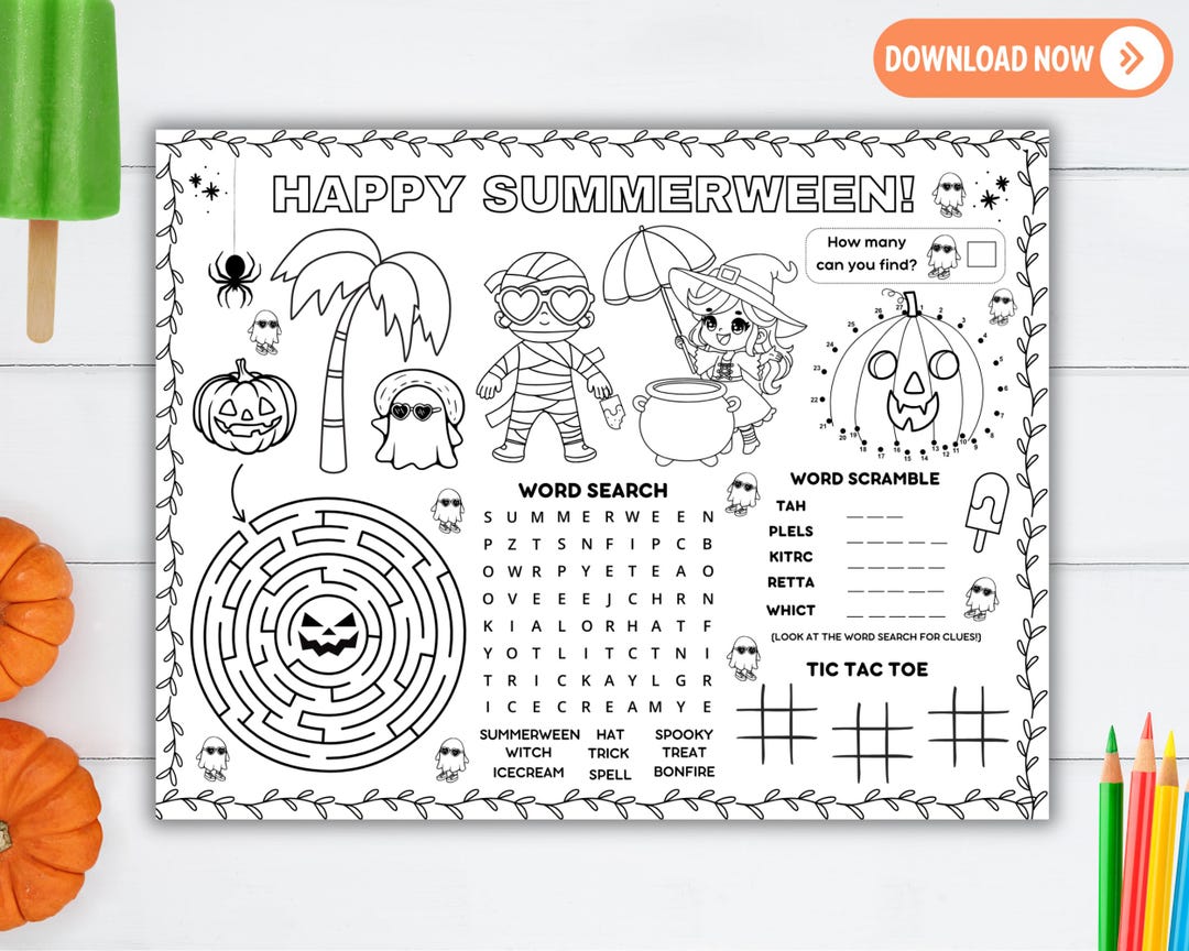 Summerween Activity Mat Printable, Summer Halloween Coloring Sheet ...