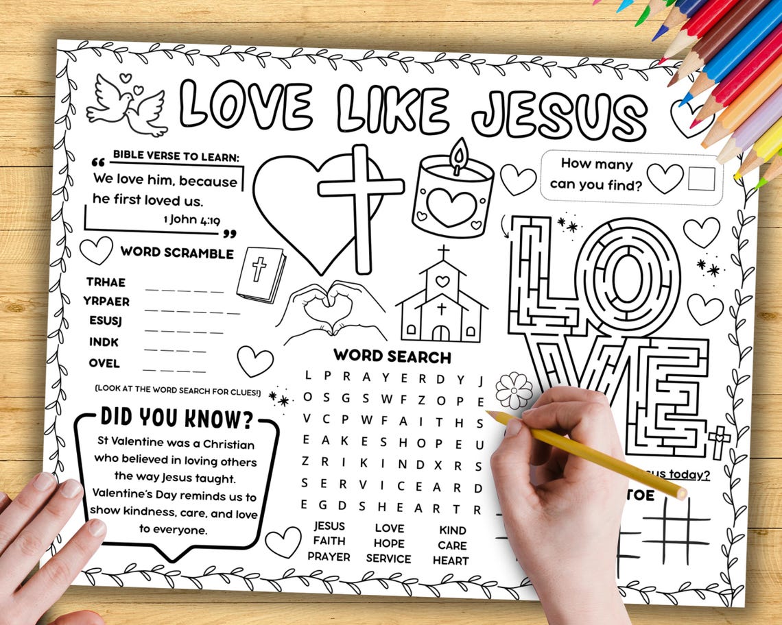 Christian Valentine Activity Placemat, Kids Sunday School Craft, Love ...
