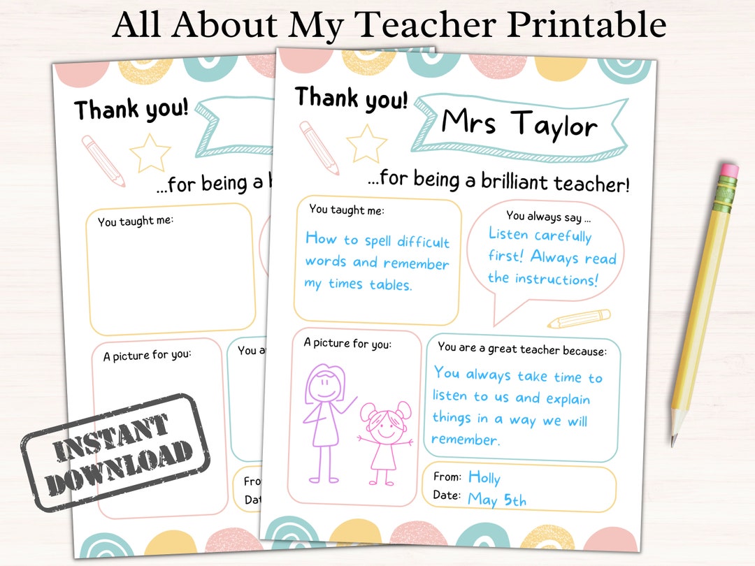 All About My Teacher Printable, Teacher Appreciation Week, Thank You ...