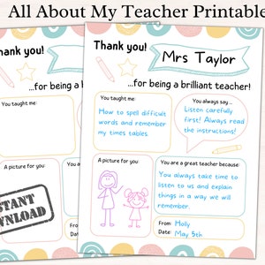 All About My Teacher Printable, Teacher Appreciation Week, Thank You ...