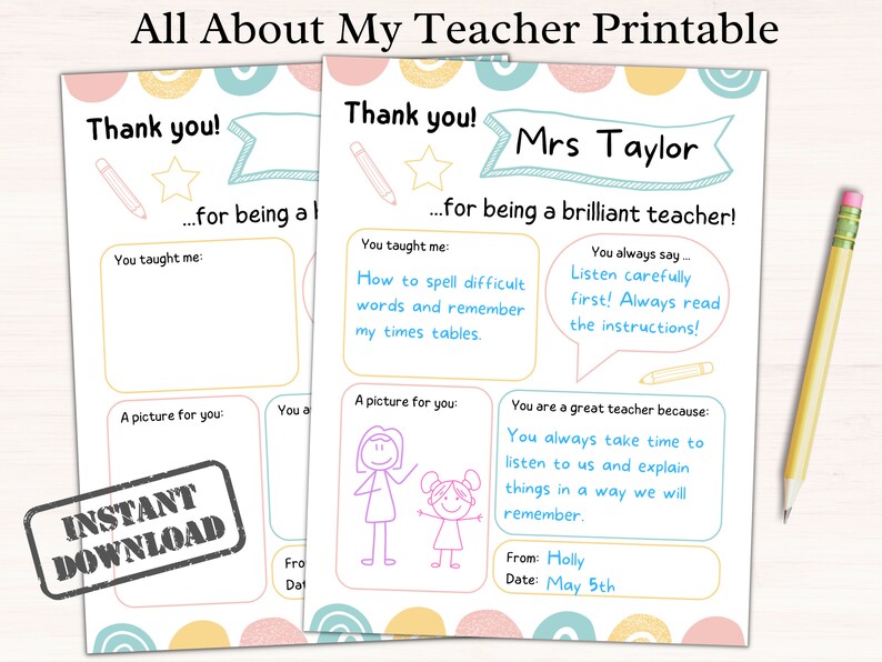 All About My Teacher Printable, Teacher Appreciation Week, Thank You ...