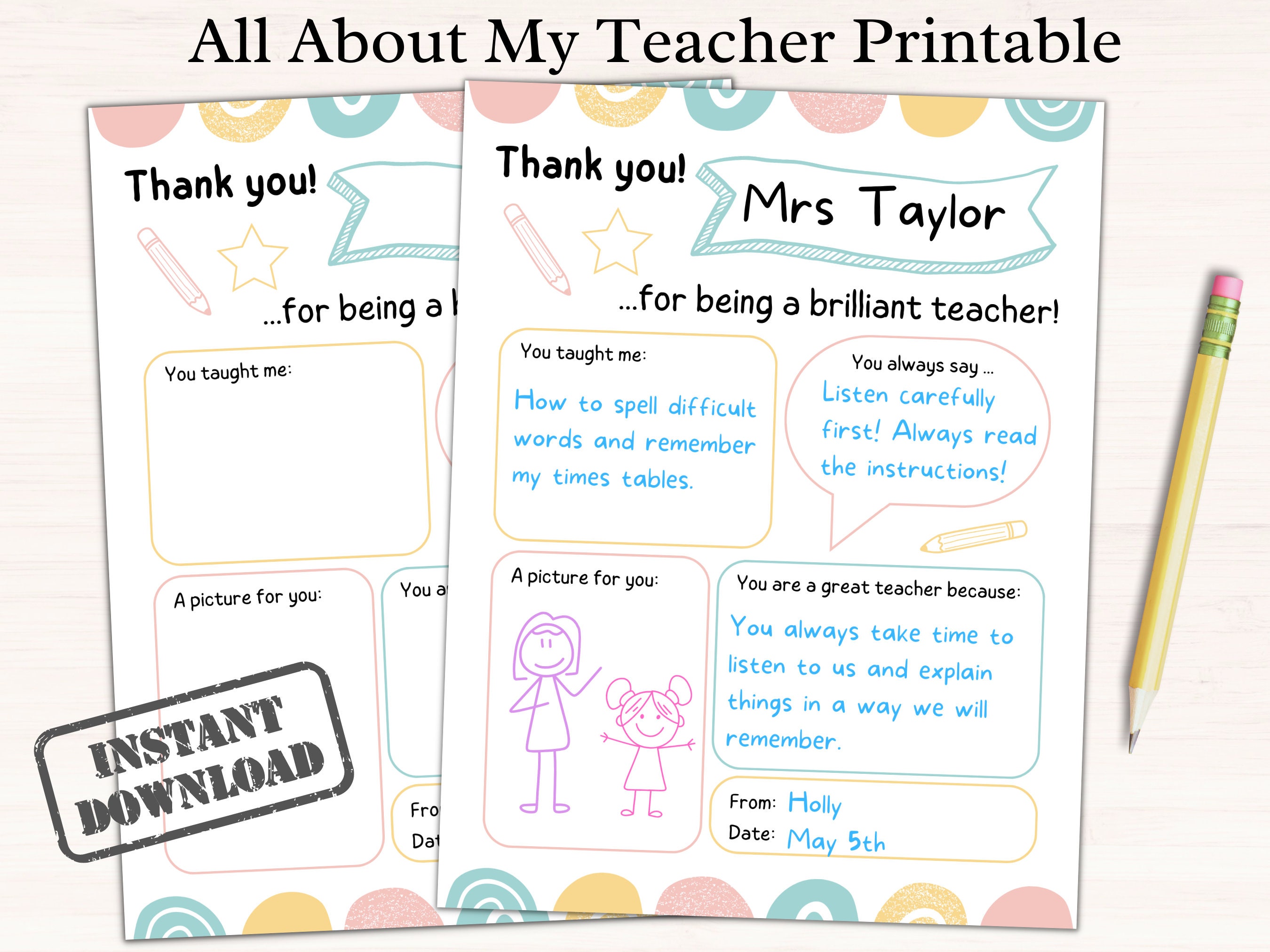 All About My Teacher Printable, Teacher Appreciation Week, Thank You ...