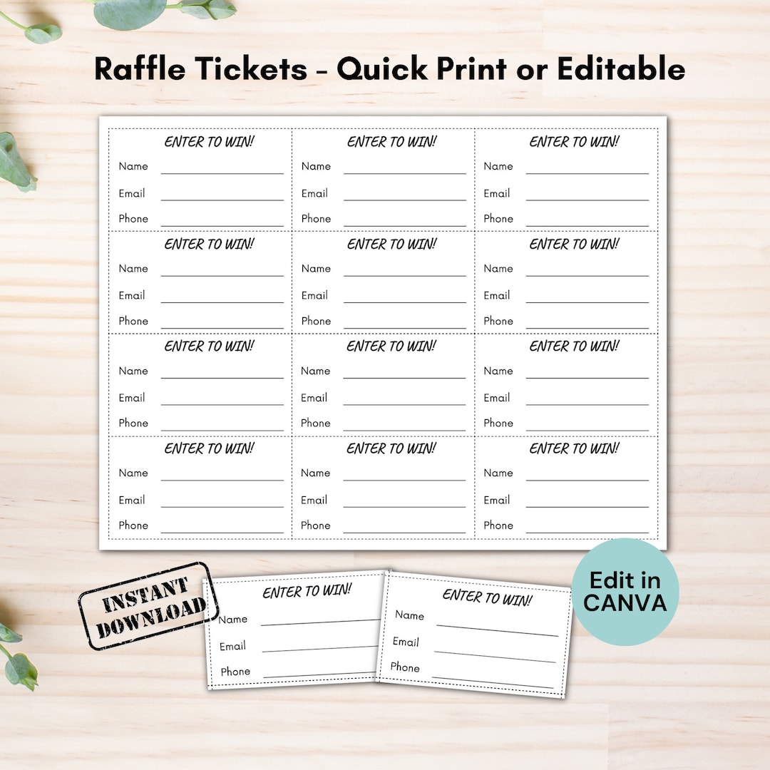 Printable Raffle Tickets, Enter to Win Tickets, Editable Win A Prize ...