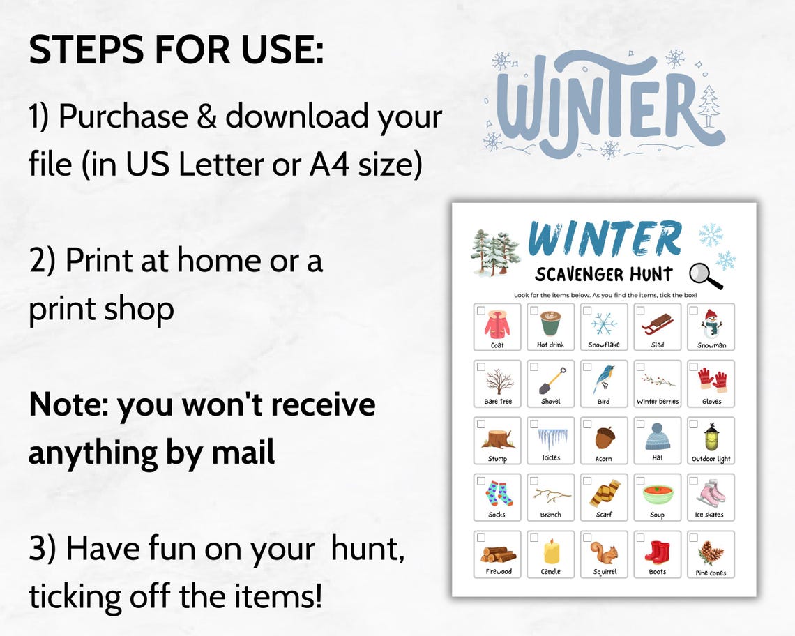 Winter Scavenger Hunt, Kids Winter Games Printable, Outdoor Treasure ...
