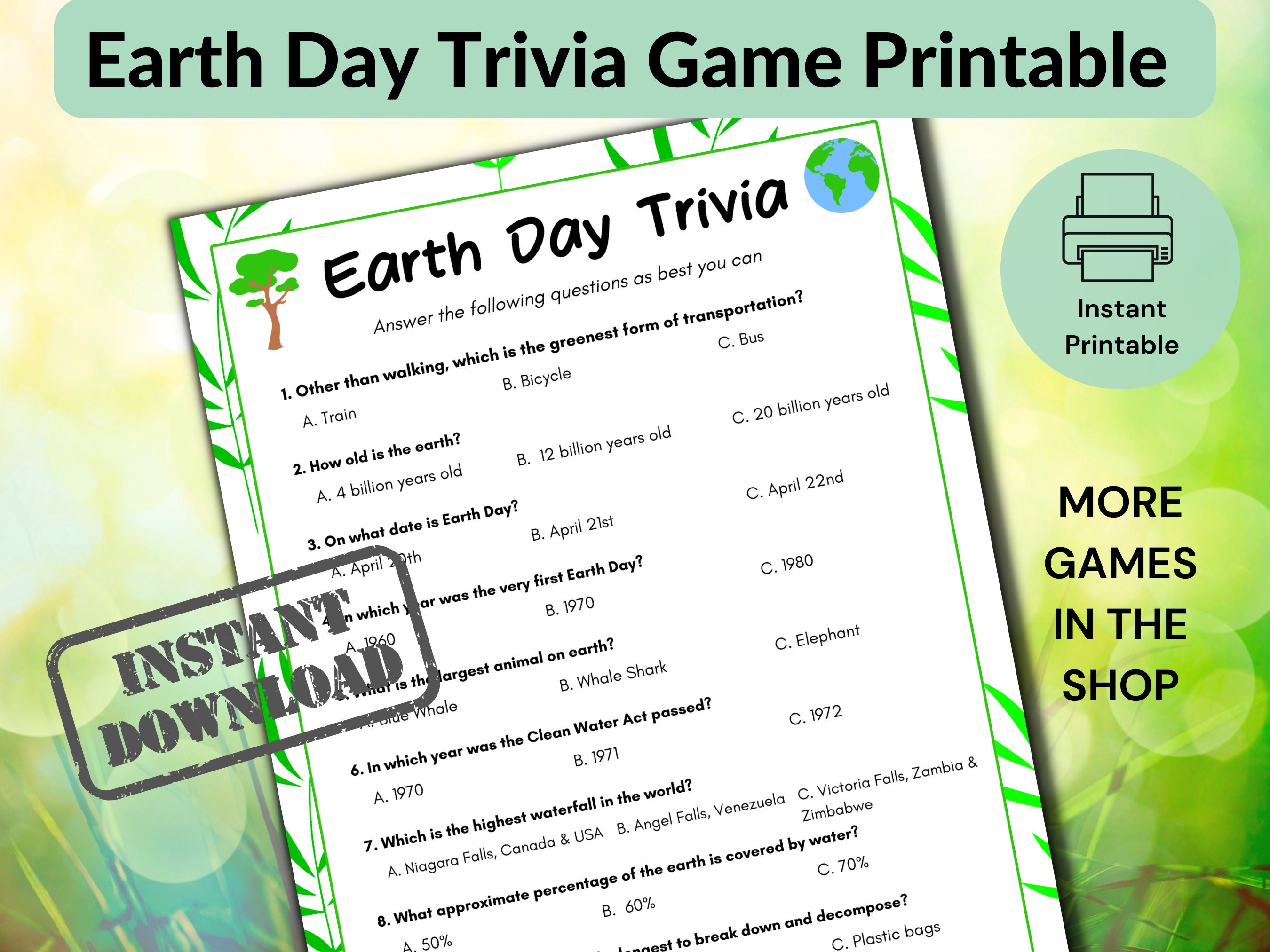 Earth Day Trivia Printable, Happy Earth Day Quiz Activity ...