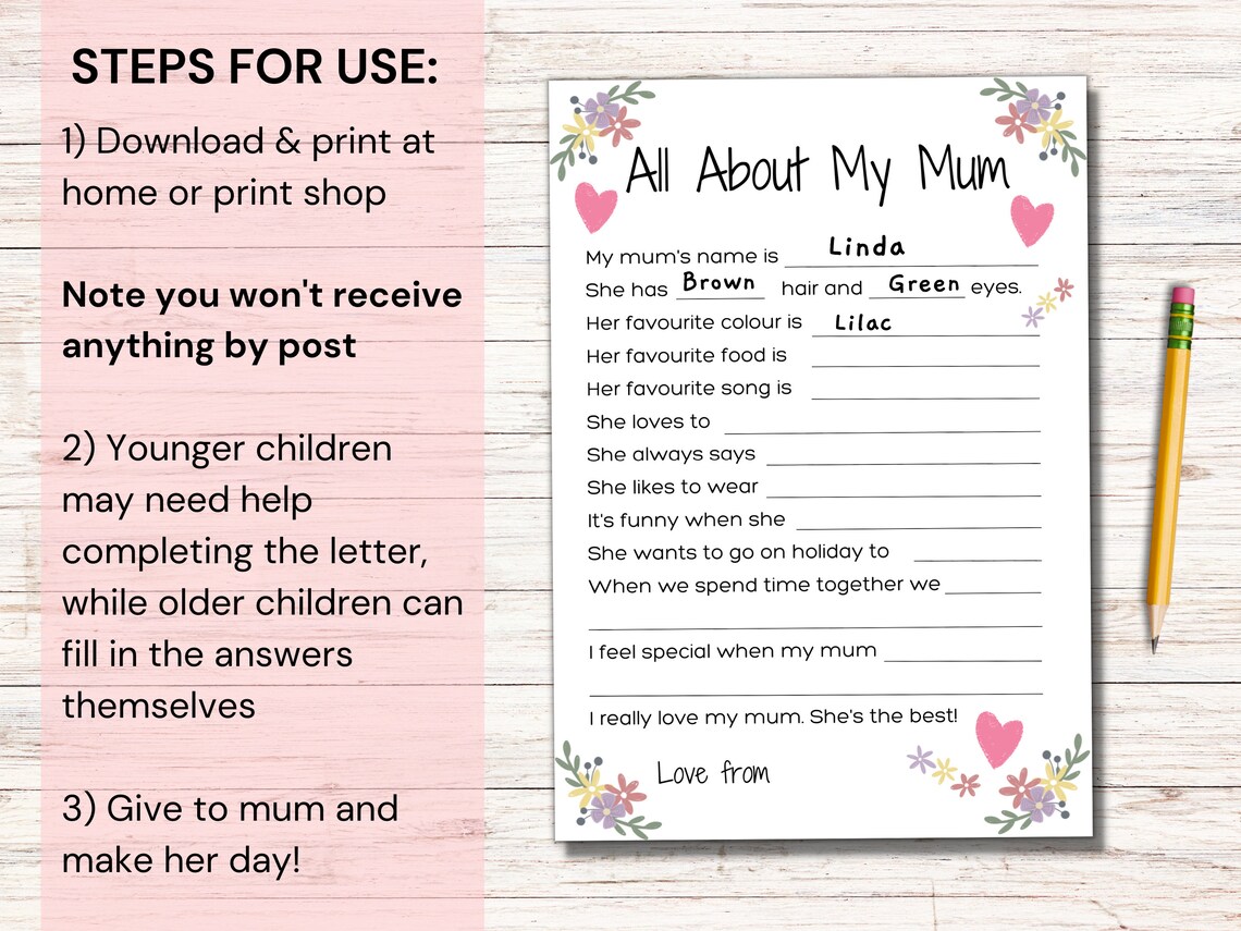 All About My Mum Printable, All About Mum Questionnaire, Appreciation ...