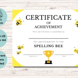 Spelling Bee Certificate Printable, Spelling Bee, Spelling Award ...