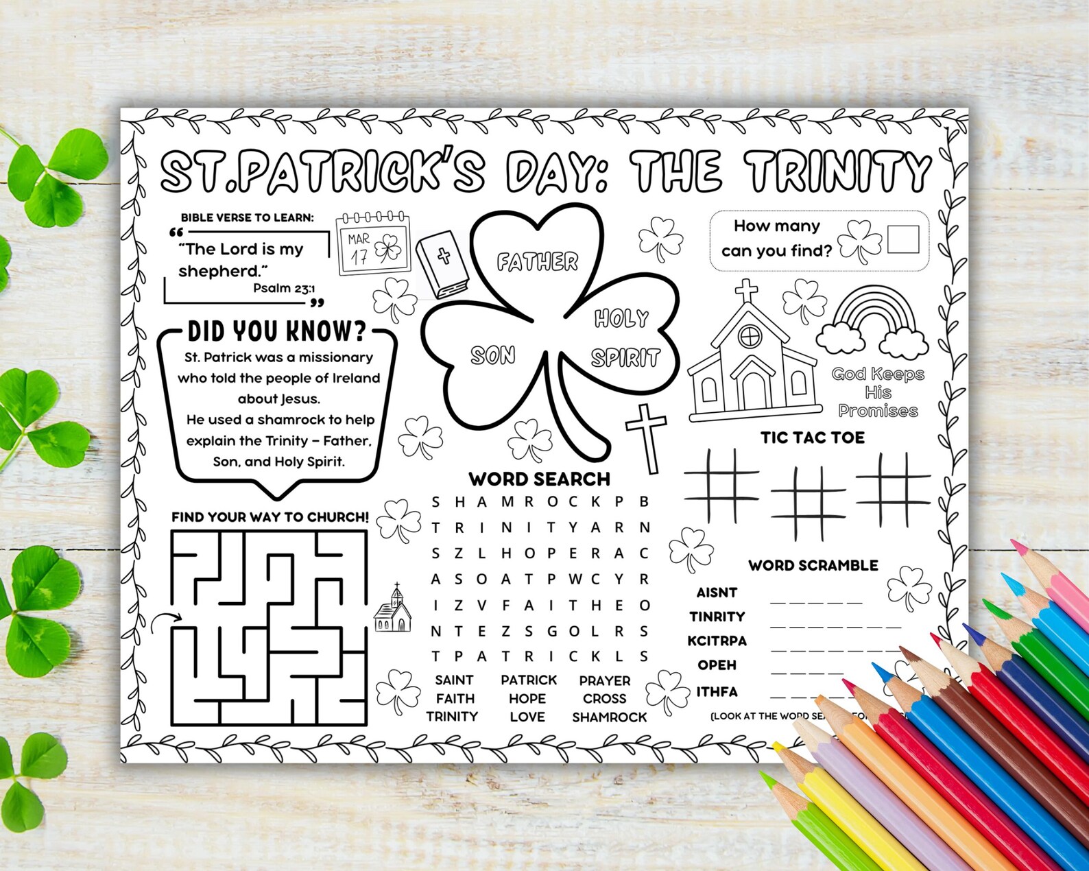 St. Patrick’s Day Bible Activity Placemat, Christian Sunday School Kids ...