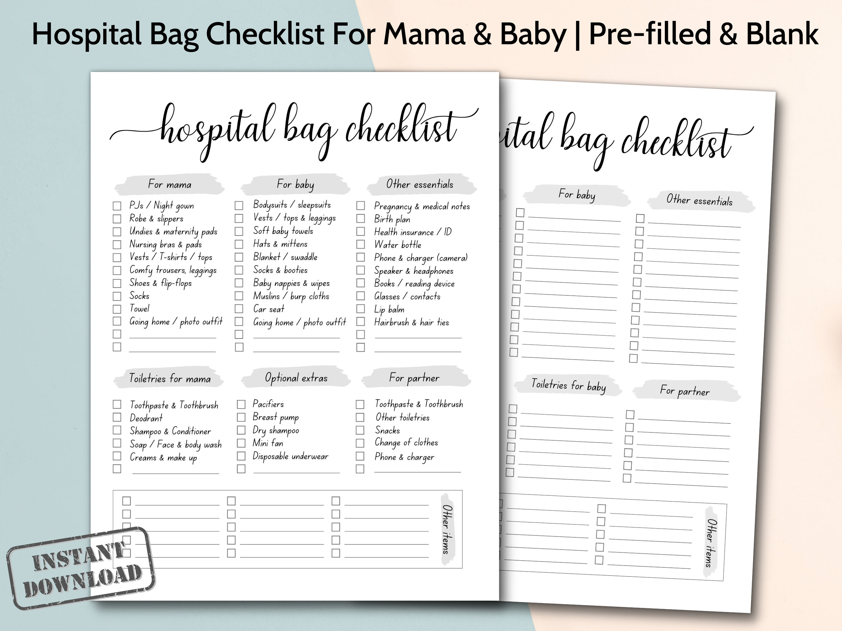 Hospital Bag Checklist, Mom & Baby List, Pre-packed Labor and Delivery ...