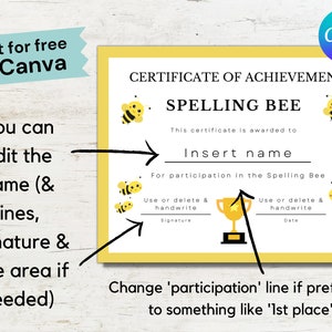 Editable Spelling Bee Certificate Printable, Spelling Bee Certificate ...