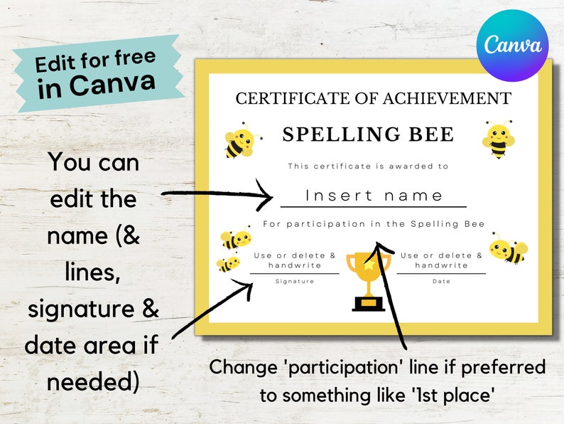 Editable Spelling Bee Certificate Printable, Spelling Bee Certificate ...