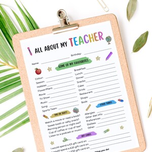 All About My Teacher Questionnaire, Teacher Favorite Things Form ...