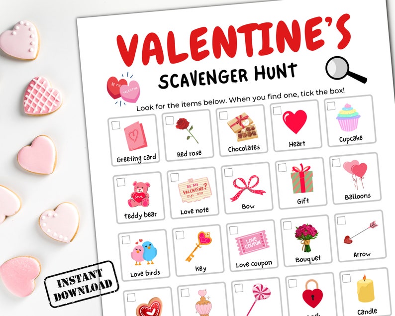 Valentine's Day Scavenger Hunt Printable, Happy Valentines Party Game ...