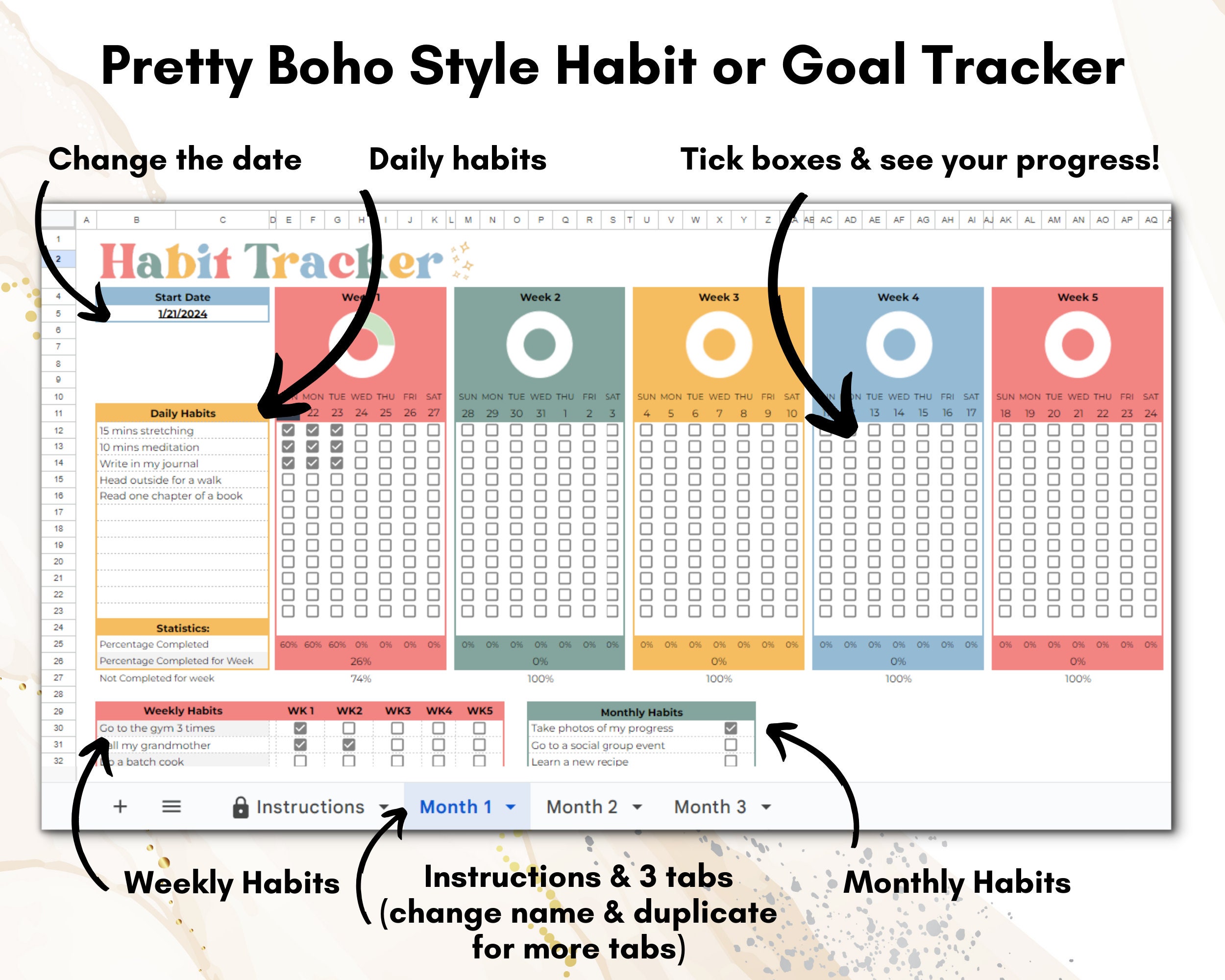 Habit Tracker Spreadsheet for Google Sheets, Daily Habit Goal Planner ...
