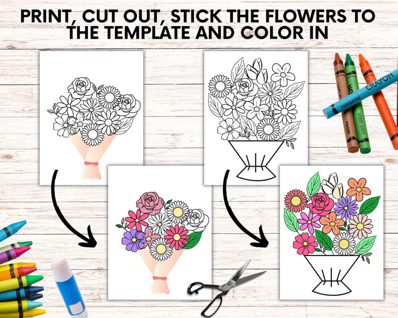 Homemade Flower Bouquet Craft Printable, Coloring Paper Flower Mother's ...