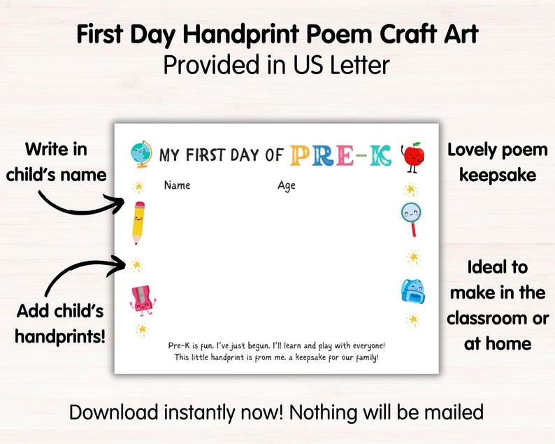 First Day of Pre-k Handprint Art Craft, My First Day of School Poem ...