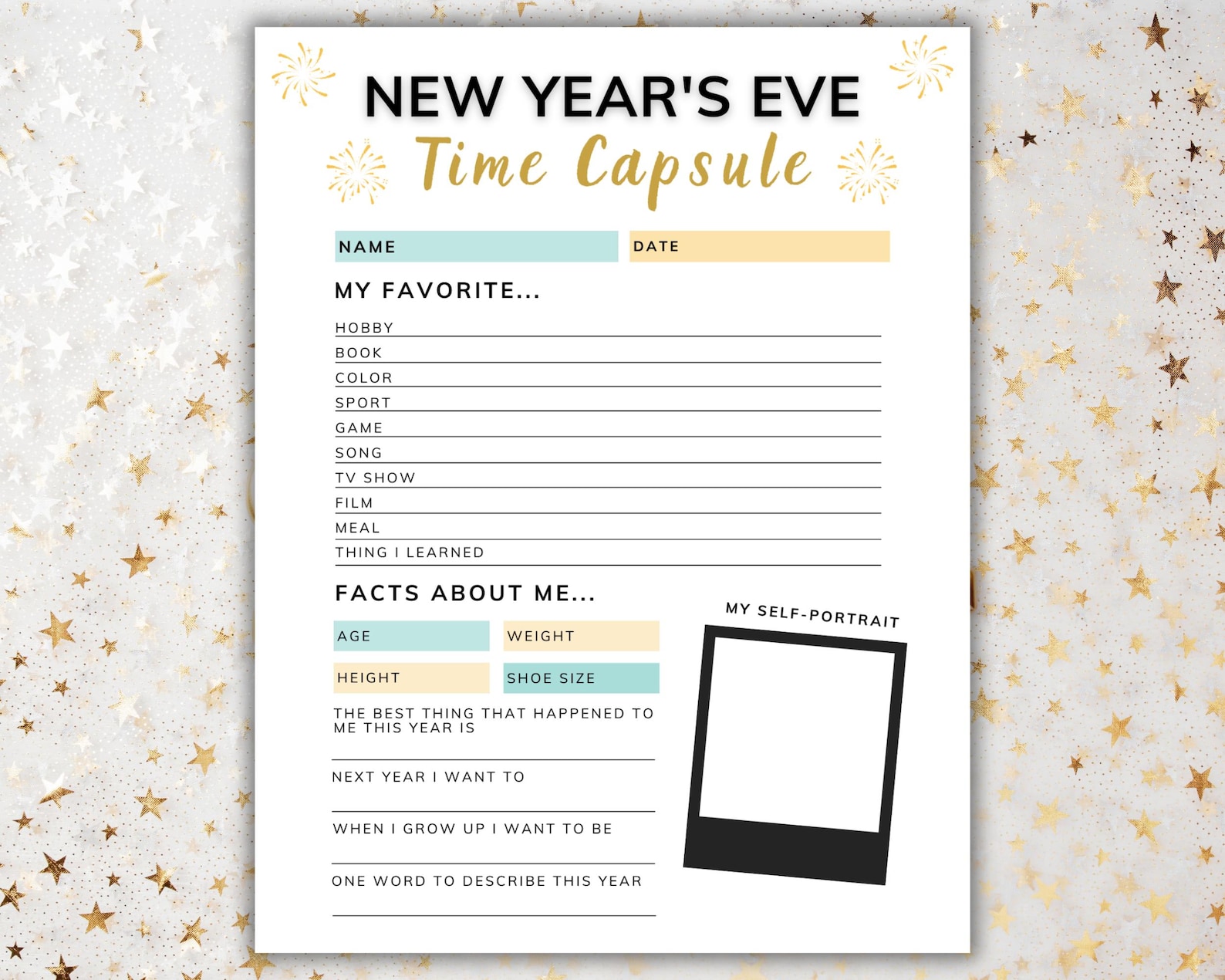 New Years Eve Time Capsule Questionnaire for Kids, NYE Kids Table ...