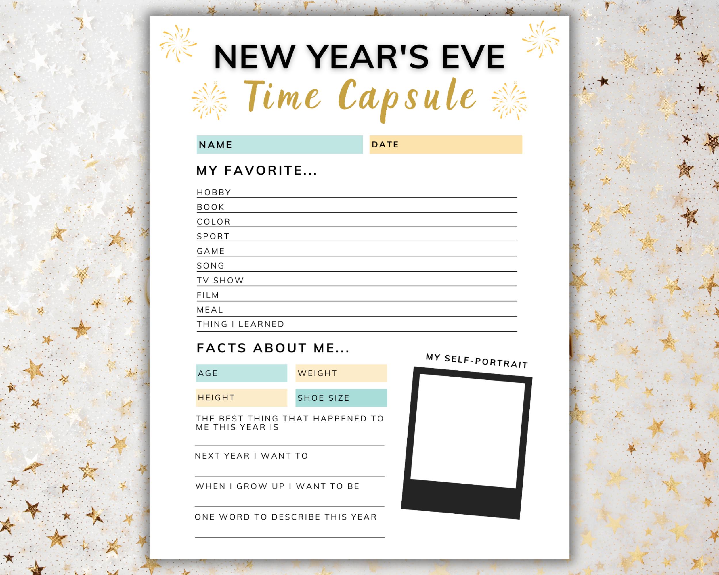 New Years Eve Time Capsule Questionnaire for Kids, NYE Kids Table ...