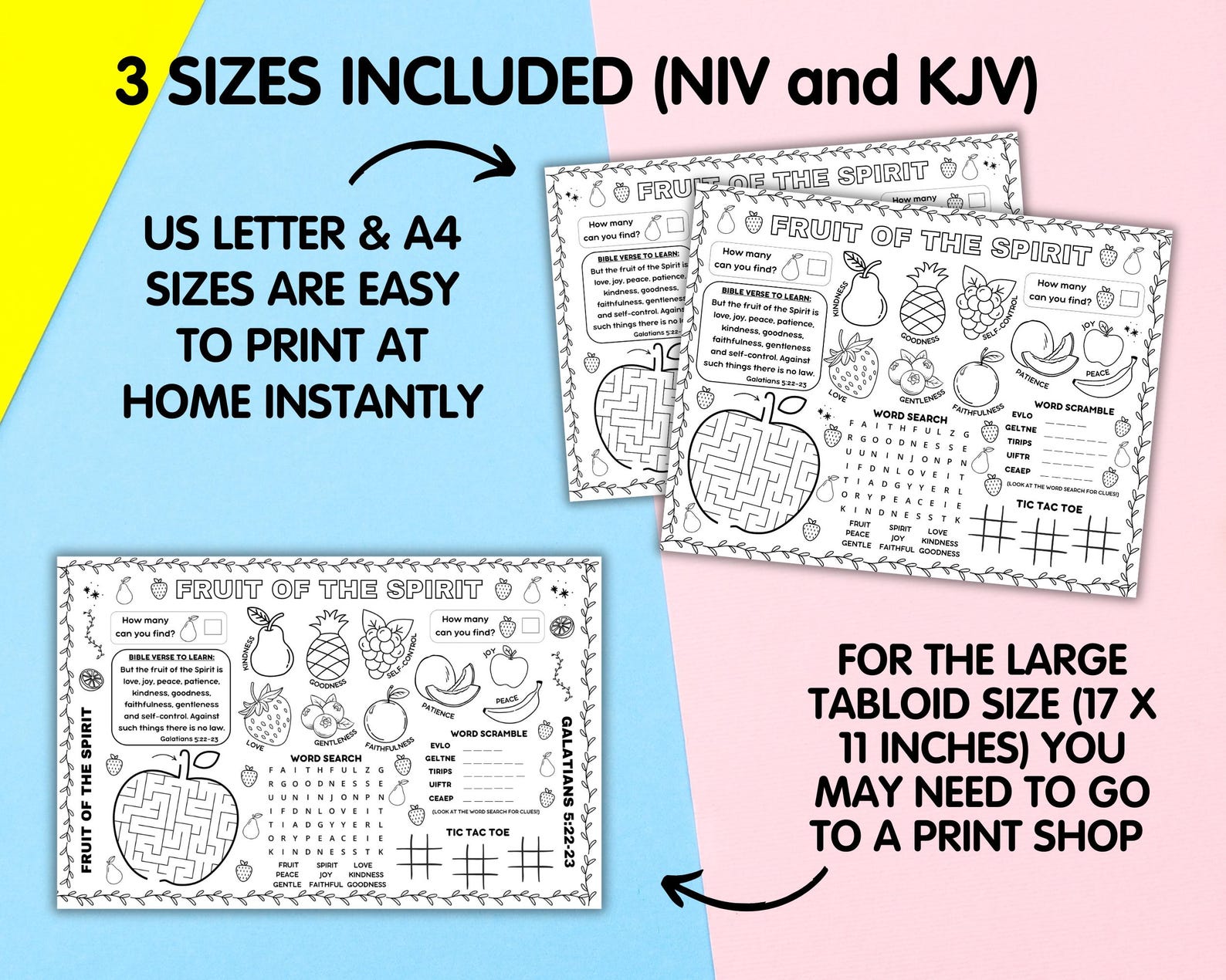 Fruit of the Spirit Activity Placemat, Sunday School Coloring Printable ...