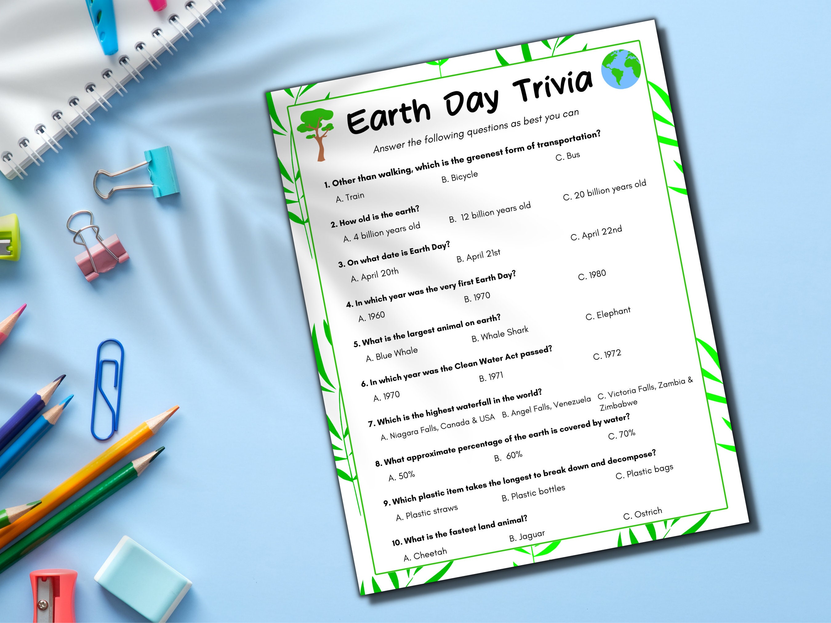 Earth Day Trivia Printable, Happy Earth Day Quiz Activity ...