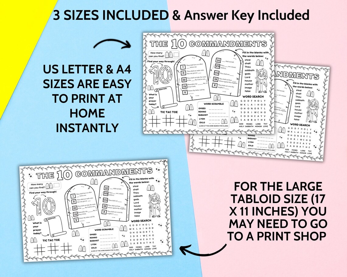 Ten Commandments Activity Placemat, Bible Craft Coloring Page, the 10 ...