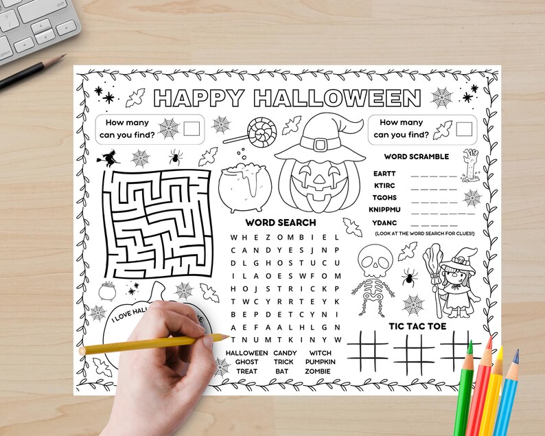 Halloween Activity Placemat Printable, Halloween Games for Kids, Happy ...
