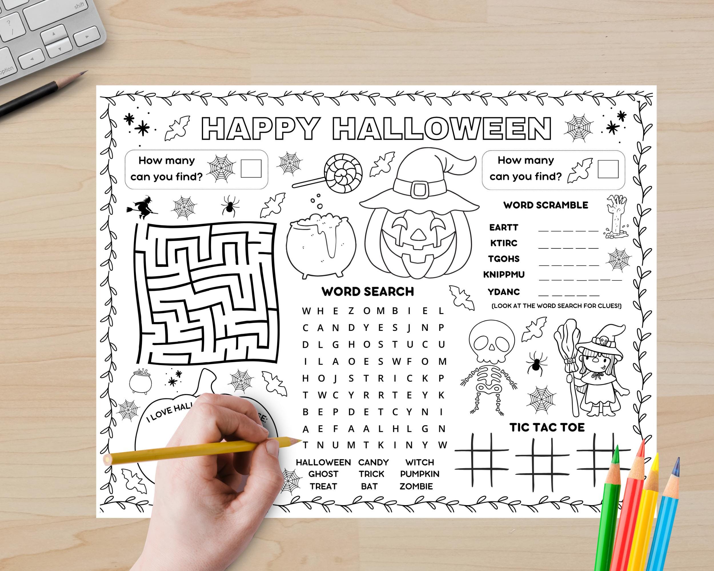 Halloween Activity Placemat Printable, Halloween Games for Kids, Happy ...