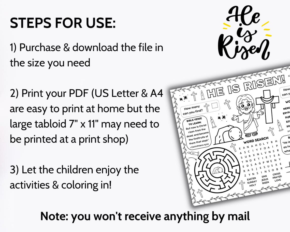 He is Risen Activity Placemat, Resurrection of Jesus Sunday School ...