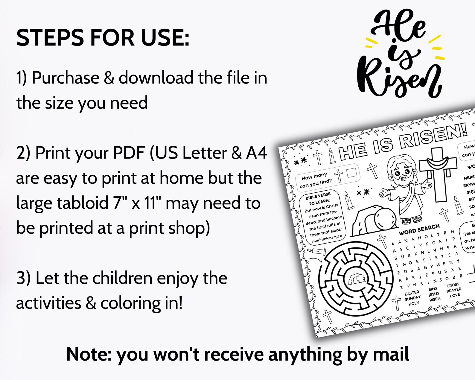 He is Risen Activity Placemat, Resurrection of Jesus Sunday School ...