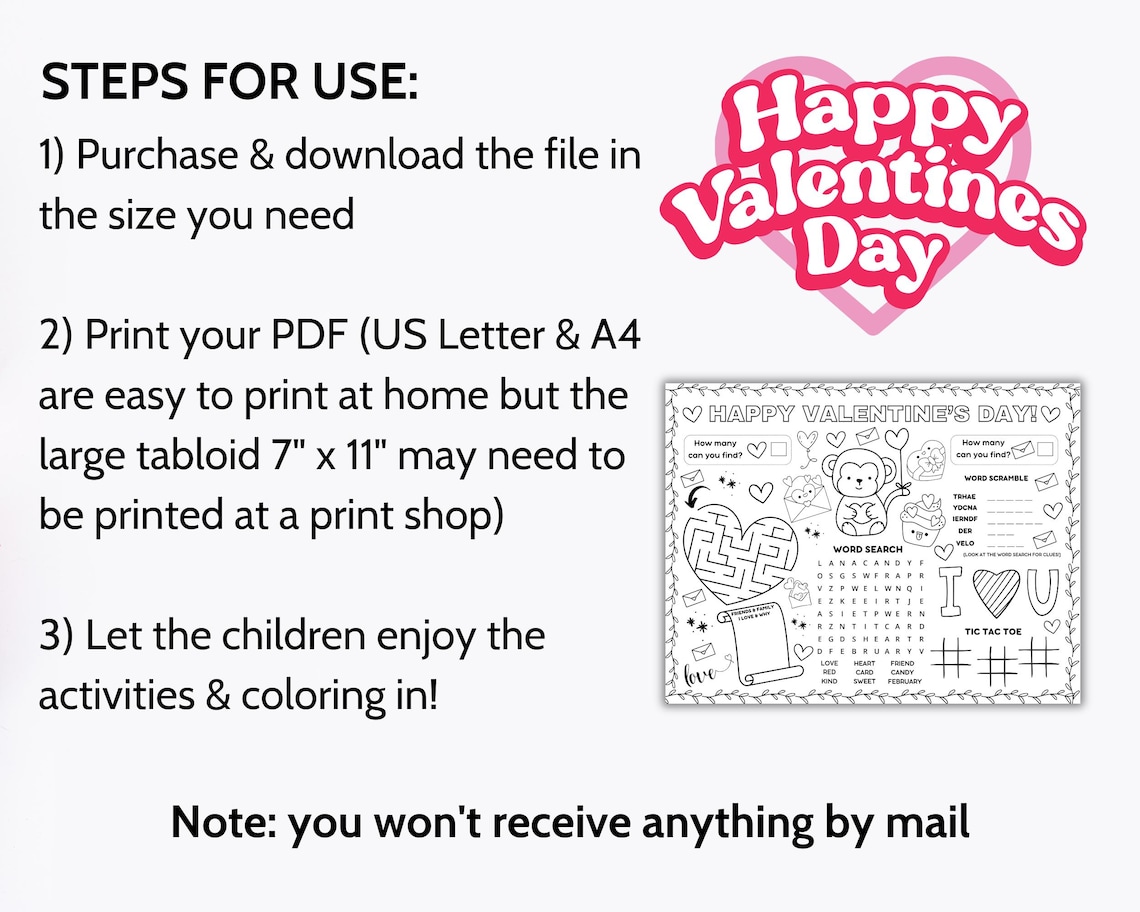 Valentines Day Activity Placemat, Happy Valentines Party Game Coloring ...