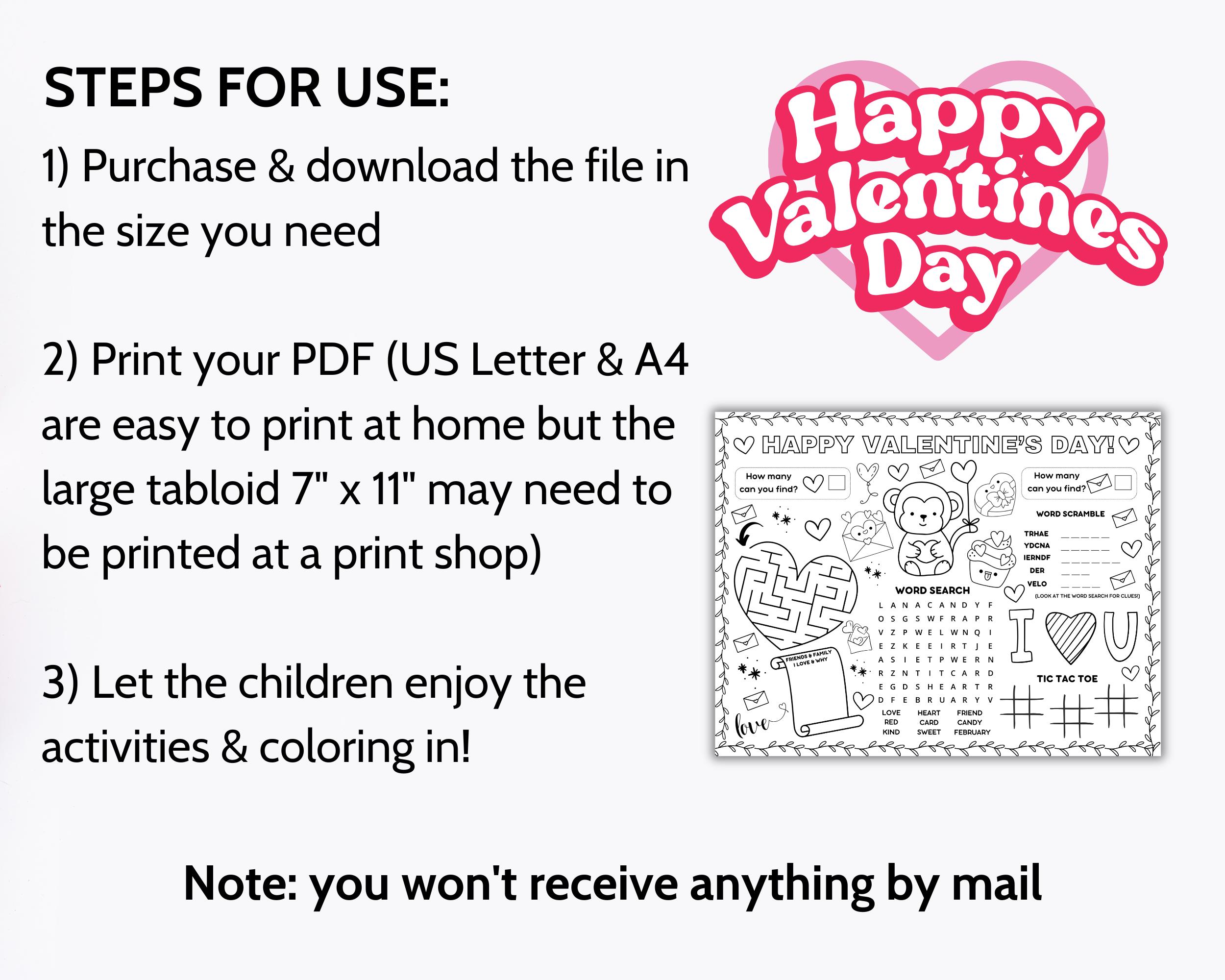 Valentines Day Activity Placemat, Happy Valentines Party Game Coloring ...