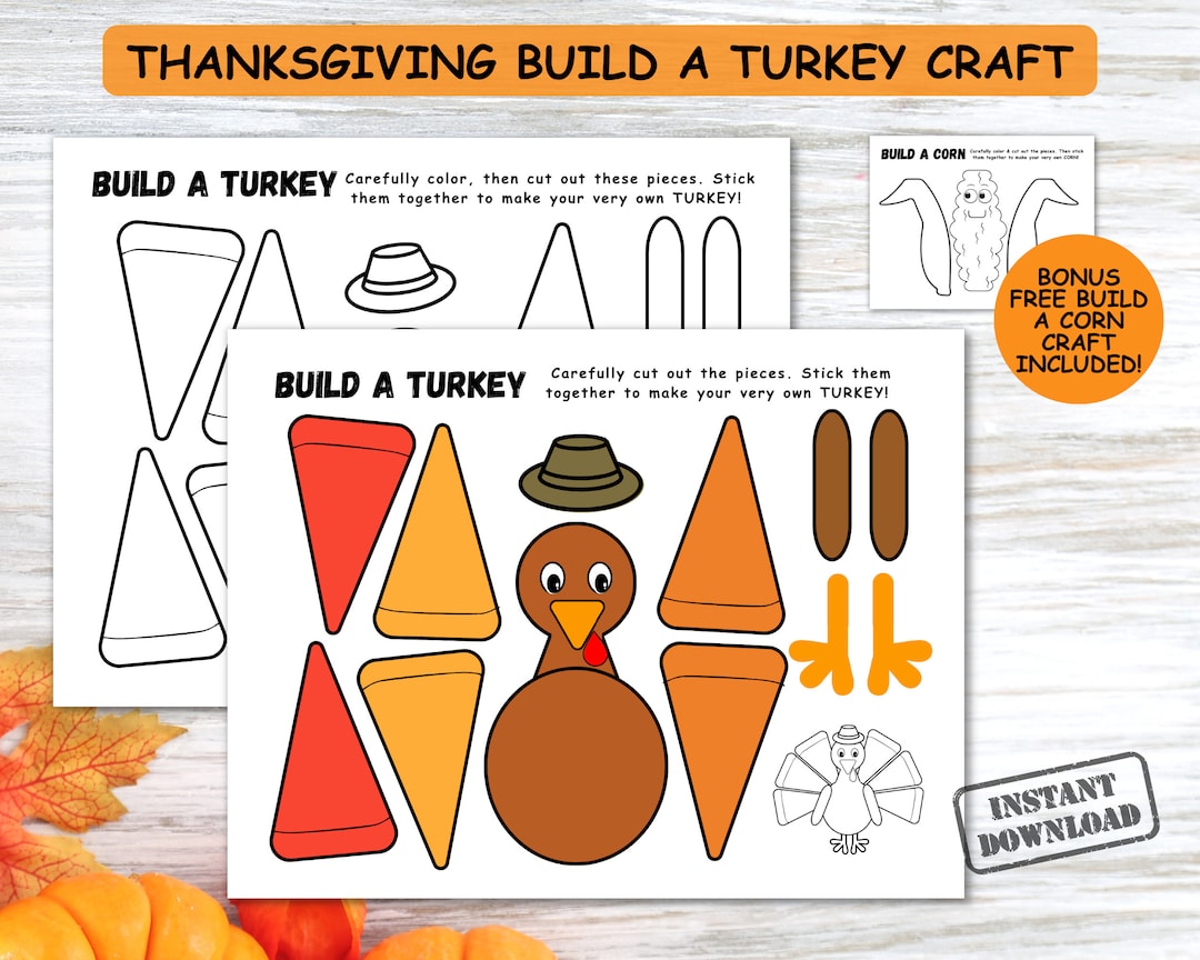Build A Turkey Craft for Thanksgiving, Kids Crafting Activity Printable ...