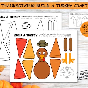 Build A Turkey Craft for Thanksgiving, Kids Crafting Activity Printable ...