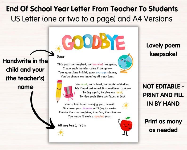 End of Year Poem Gift From Teacher, End of School Goodbye Letter to ...